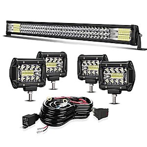 TURBO SII - LED Light Bar 32 Inch 441W Triple Row Flood Spot Combo Beam Offroad Driving Light 4Pcs 4 Inch 60W LED Cubes Lights with 3-Leads Wiring Harness for Trucks ATV UTV Polaris SUV Boats
