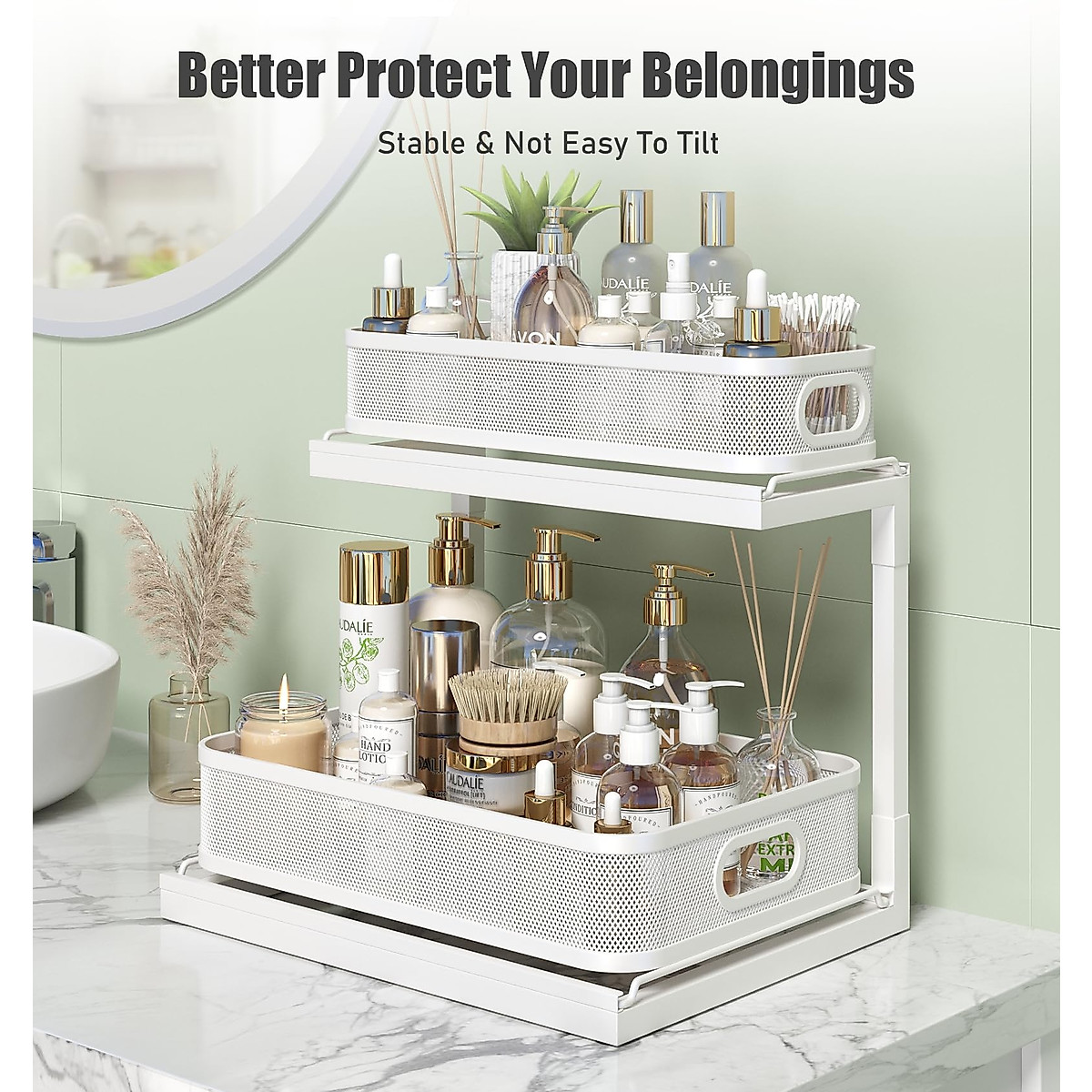 2-Pack Under Sink Storage Organizer with 2-Tier Slide Out Drawer, Sophisticated Mesh Pull Out Shelf for Kitchen & Bathroom, Fits Small Items, Upgraded Arched Track for Smooth Gliding,Patent Pending