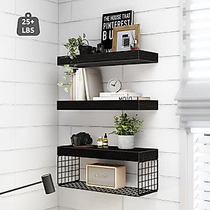 QEEIG Black Bathroom Shelves Over Toilet Wall Mounted Floating Shelves Farmhouse Shelf Toilet Paper Storage Small 16 inch Set of 3 (019-B3)
