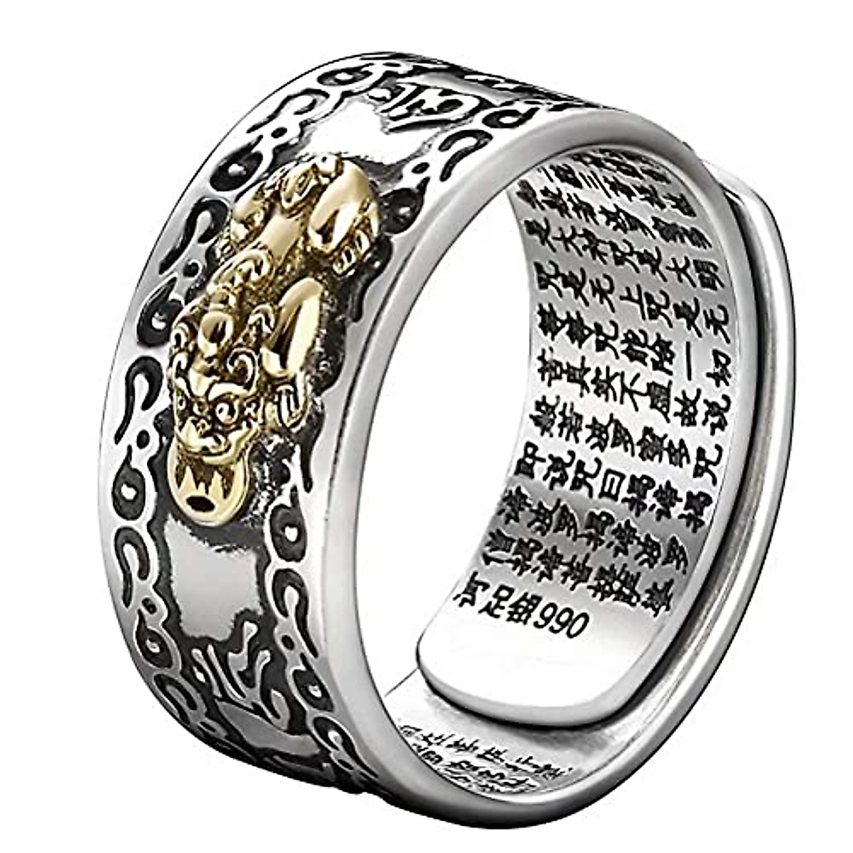 JAJAFOOK 990 Silver PIXIU MANI Amulet Lucky Wealth Buddhist Mantra Ring Wealth Money Feng Shui Ring Jewelry, Adjustable, Women