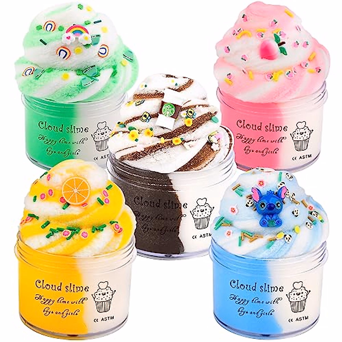 Cloud Slime Kit 5 Pack, with Peachybbies Rainbow Lemon Coffee Slime Charms, DIY Slime Supplies for Girls and Boys, Stress Relief Toy for Kids Education, Party Favor, Gift and Birthday