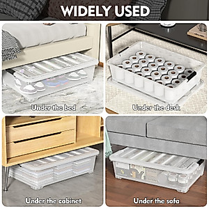 Tyminin 50 Quart Rolling Under Bed Storage Containers, 4-Pack 7.5 Inches Tall Low Profile Underbed Clothes Storage Organizer Bin with Sturdy Wheels, Clear