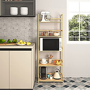 Noskatu Modern Ladder Bookshelf 5-Tier Wood Ladder Shelf for Books Movies Storage Shelf for Living Room Bathroom Kitchen Laundry Nature