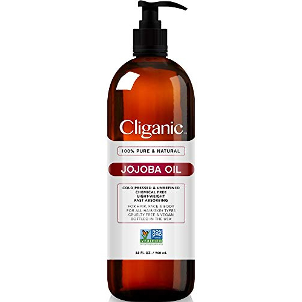 Cliganic Jojoba Oil Non-GMO, Bulk 32oz | 100% Pure, Natural Cold Pressed Unrefined Hexane Free Oil for Hair & Face