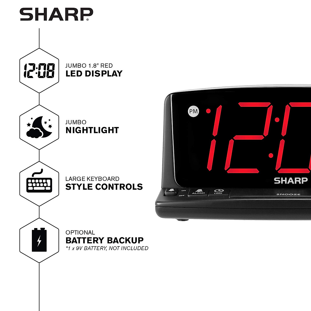 SHARP LED Digital Alarm Clock – Simple Operation - Easy to See Large Numbers, Built in Night Light, Loud Beep Alarm with Snooze, Bright Big Red Digit Display