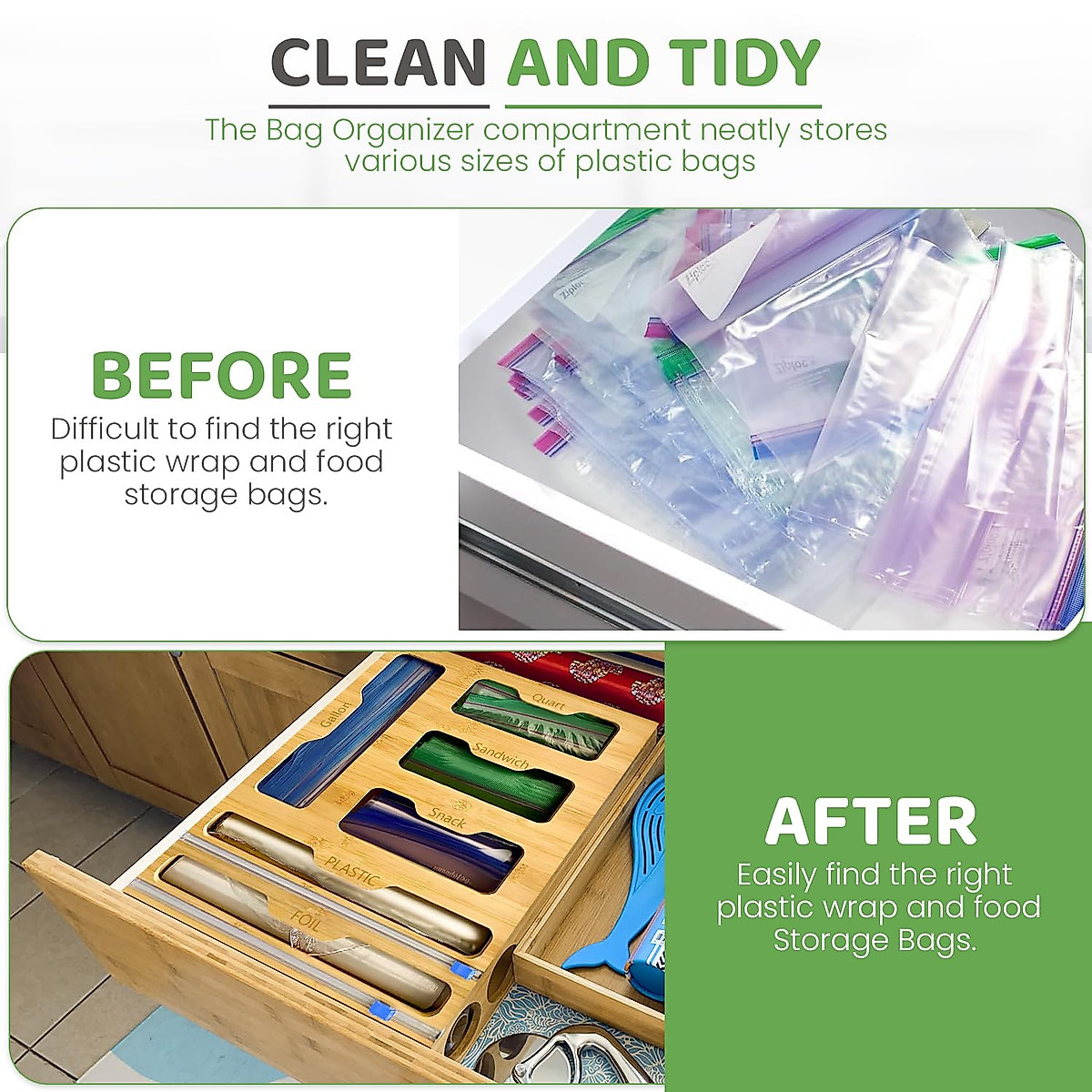 PrimeNex Ziplock Bag organizer, Ziplock Foil and Plastic Wrap Dispenser with Cutter, 6 in 1 Bamboo Kitchen Drawer Plastic Bag Food Baggie Organizer for Drawer Gallon, Quart, Sandwich, Snack (Natural)