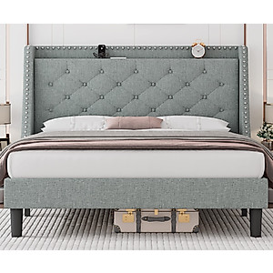 Feonase Upholstered Queen Bed Frame with Wingback Headboard, Deluxe Platform Bed Frame with Diamond Tufting & Storage Shelf, Wood Slats, Noise-Free, No Box Spring Needed, Easy Assembly, Light Gray