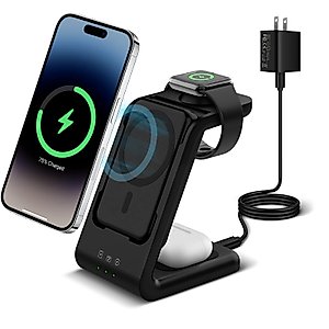 Smtcsl 3 in 1 Wireless Charging Station, Fast Charger Stand Compatible for iPhone/Apple Watch/Airpods, 5000mAh Mag-Safe Battery Pack USB C Power Bank for 15 14 13 12 Series, 20W PD Adapter (Black)