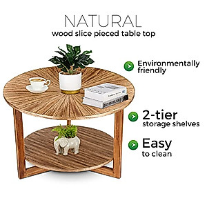 Coffee Tables for Living Room, Small Round Coffee Table with Storage, Mid Century Modern Solid Wood Coffee Table, Rustic Wooden Circle Center Table Living Room Furniture, Brown Tea Table