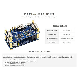 waveshare PoE Ethernet/USB HUB HAT Expansion Board for Raspberry Pi Zero/Zero 2 W/W/WH, with 1 RJ45 10/100M Ethernet Port, 3 USB Ports Compatible with USB2.0/1.1,802.3af-Compliant