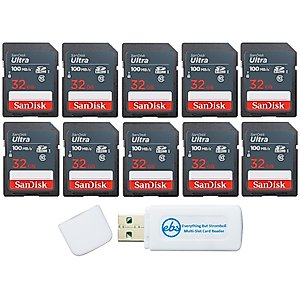 SanDisk 32GB Ultra SD Memory Card (10 Pack) SDHC UHS-I Card 100 MB/s Class 10 (SDSDUNR-032G-GN3IN) Bundle with (1) Everything But Stromboli Microfiber Cloth & SD/Micro Card Reader
