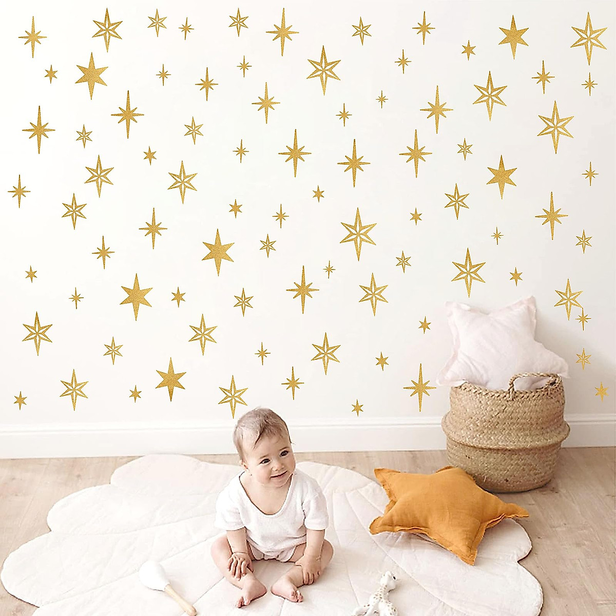 Gold Star Wall Decals Metallic Vinyl Star Wall Stickers Gold Sticker Wall Decor Sparkle Starburst Wall Decals Peel and Stick Retro Star Wall Stickers for Bedroom Living Room Decor