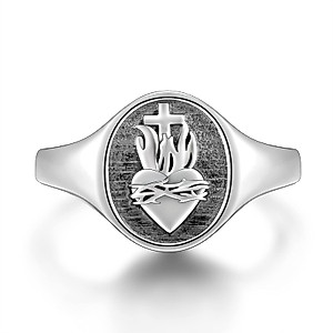 S925 Sterling Silver Flaming Sacred Heart Rings Catholic Faith Charm Women Signet Ring Adjustable Love of God Thorn Jewelry Easter Gifts, Size 7
