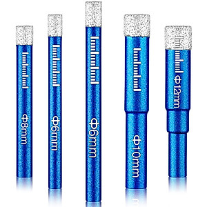 5 Pcs Dry Diamond Drill Bits Set, Glass Ceramic Marble Tile Drill Bits, Not for Wood, 1/4, 5/16, 3/8, 1/2 Inch Round Shank