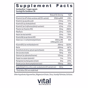 Vital Nutrients Minimal and Essential Multivitamin | Vegan One per Day Multi-vitamin, Mineral and Antioxidant Supplement* | Gluten, Dairy and Soy Free | Non-GMO | 90 Capsules