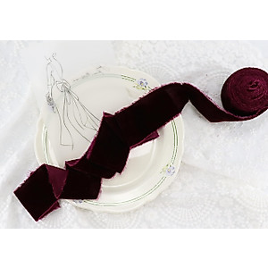 MAYREEL Burgundy Velvet Ribbon 2 Inch x 3 Yards Frayed Edge Silk Velvet Ribbon Hand Torn Maroon Ribbon with Raw Edge for Bridal Bouquet, Invitations, Wedding, Vow Books, Gift Basket, Hair Bows