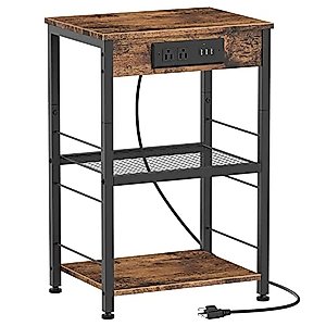 Nightstand with Charging Station End Table with USB Ports and Power Outlets Side Tables Bedroom with Storage Shelves Industrial End Table 3 Tier USB Bedside Tables in Living Room Farmhouse Brown