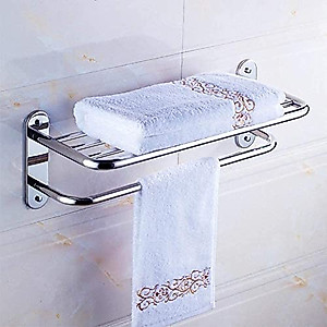 Towel Rack Bathroom Shelves, 2 Tier Punch Free Towel Shelf Wall Mounted Multifunction Towel Holder Stainless Steel Rack Towel Bars Towel Holder Bathroom Hardware/Silver