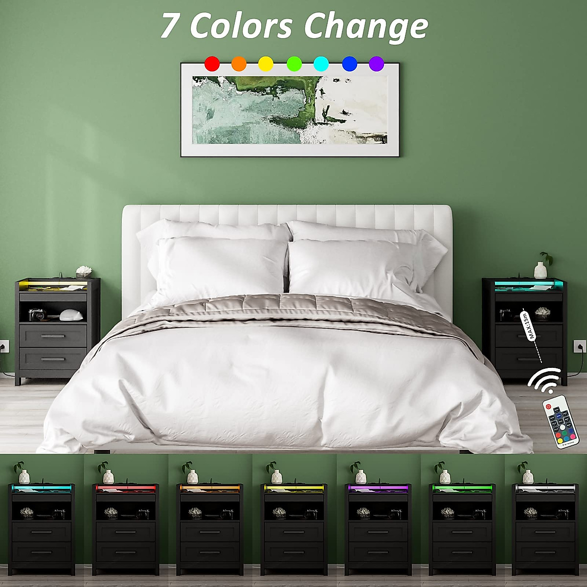 Modern Nightstand with LED Light and Charging Station, Wooden Bedside Table with 2 Drawers and Pull-Out Shelf, Small End Table for Bedrooms, Black