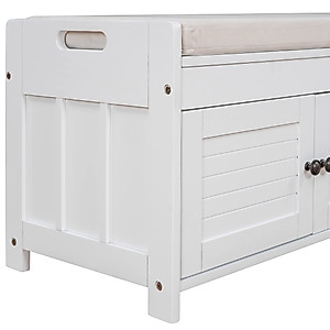 RUNNA Storage Bench with 3 Shutter-Shaped Doors Wood Entryway Bench Shoe Bench with Removable Cushion and Hidden Storage Space Saving,Great for Foyer entrances (White#1)