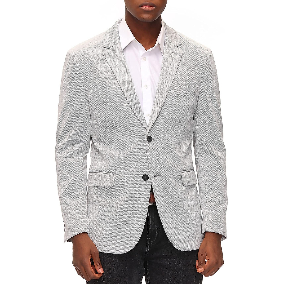Men's Casual Stretch Knit Sport Coat 2 Button Herringbone Blazer Suit Jacket Light Grey M