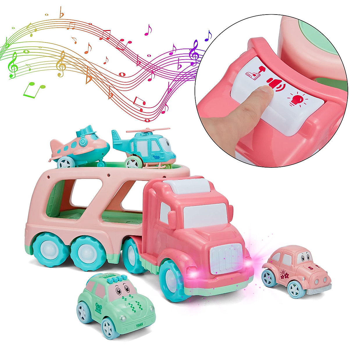 KOODER Cartoon Car Toys Set for 3 4 5 6 Years Old Toddlers Kids, Pink Truck ​with Sound and Light, Pink Car Toy Set in Friction Powered Carrier Truck, Christmas Birthday Gifts for Boys and Girls