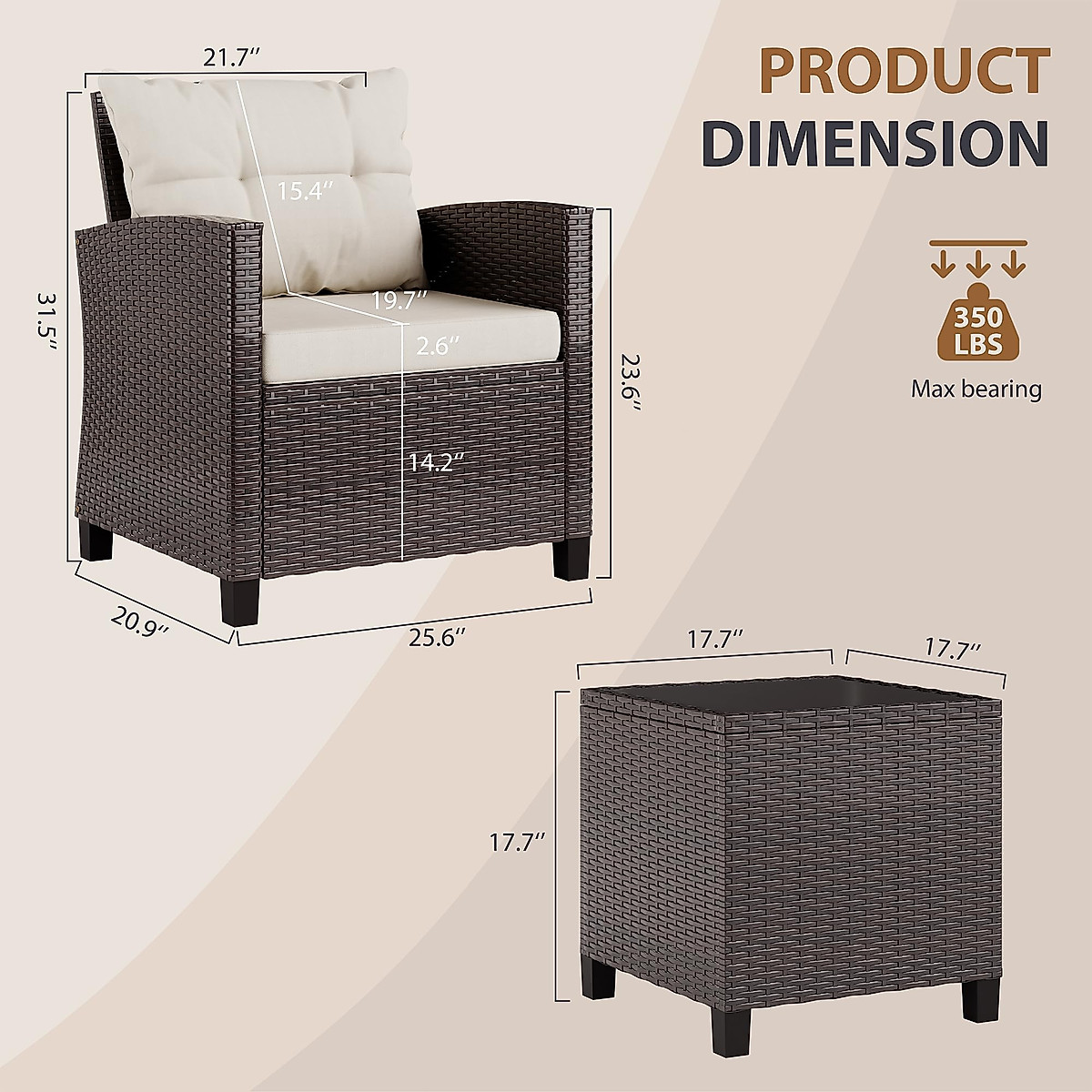 JAMFLY 3 Pieces Patio Furniture Set All-Weather Outdoor Wicker Conversation Bistro Set, Outdoor Patio Furniture Chairs with Tempered Glass Table for Porch Bistro Balcony, Beige