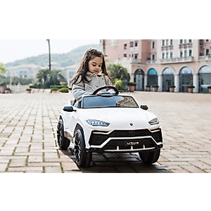 Rock Wheels Licensed Lamborghini Urus Ride On Truck Car Toy, 12V Battery Powered Electric 4 Wheels Kids Toys w/Parent Remote Control, Foot Pedal, Music, Aux, LED Headlights, 2 Speeds (Yellow)