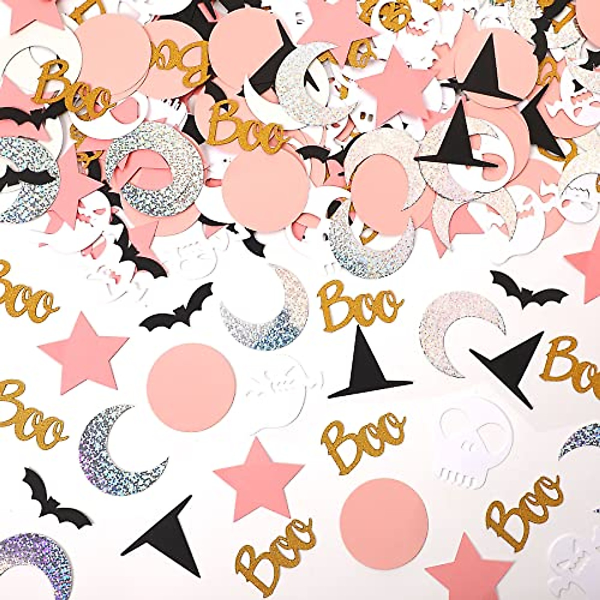JULBEAR 300Pcs Halloween Confetti Glitter Decorations, Bat Ghost Black Pink Halloween Confetti for Party Table Scatter Decorations, Halloween Table Decor Party Favors