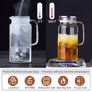DOPUDO Glass Pitcher (40oz/1250ml) with Handle and Lid,Stainless Steel Infuser, Borosilicate Glass Water Pitcher, Clear Beverage Iced Tea Jug Hot Cold Water Wine Coffee Milk and Juice Glass Carafe