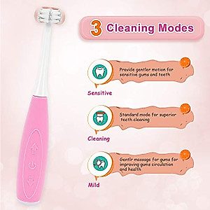 LEYUYO Electric Toothbrush Kids Sonic Cleaning 31000 Strokes Rechargeable Tooth Brush with Timer, 2 Bristles, 3 Modes, Pink