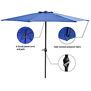 LOKATSE HOME Table Outdoor Market Patio Umbrella, 9 Feet Garden Umbrella with Crank, 6Ribs (Blue)