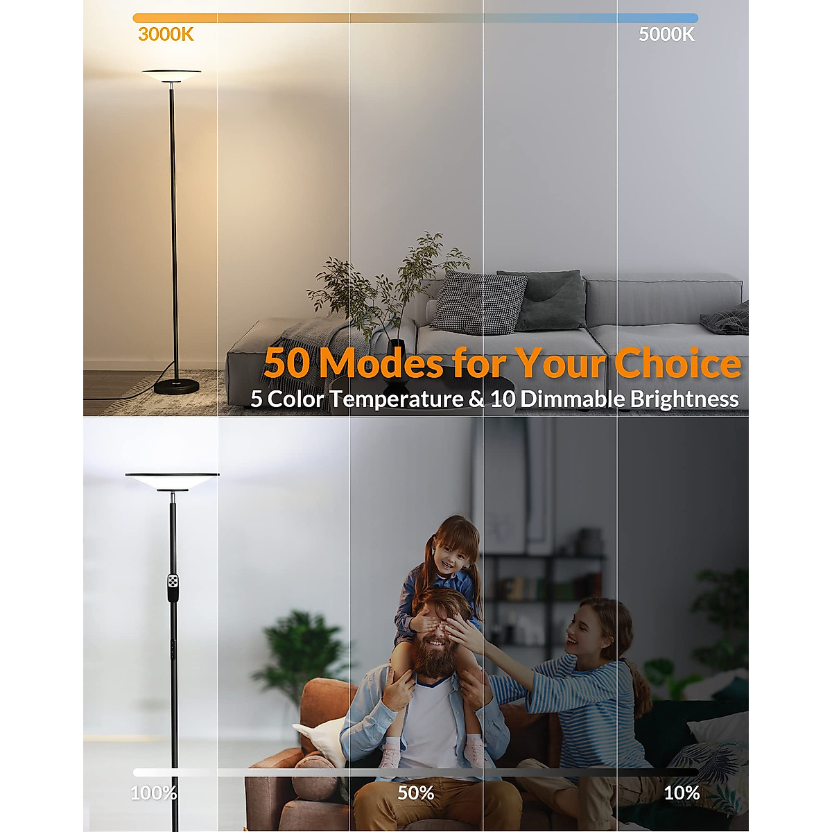 LEPOWER Bright Floor Lamp, Torchiere LED Standing Lamp with Wall Switch and Remote Control, 50 Lighting Effects Modern Pole Lamp, Tall Floor Lamps for Living Room, Bedroom, Office, Dorm, Corner