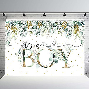 MEHOFOND 7x5ft It's a Boy Baby Shower Backdrop Spring Greenery Eucalyptus Leaves Green and Gold Background Party Decor Banner Cake Table Supplies Photo Booth Studio Props