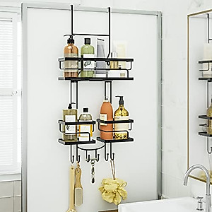 Auslar Shower Caddy Hanging Over The Door, Sturdy Rustproof Hanging Shower Organizer, Shower Shelf with Hooks, Razors Towels Shampoo Organizer for Dorm, Toilet and Bath, Black