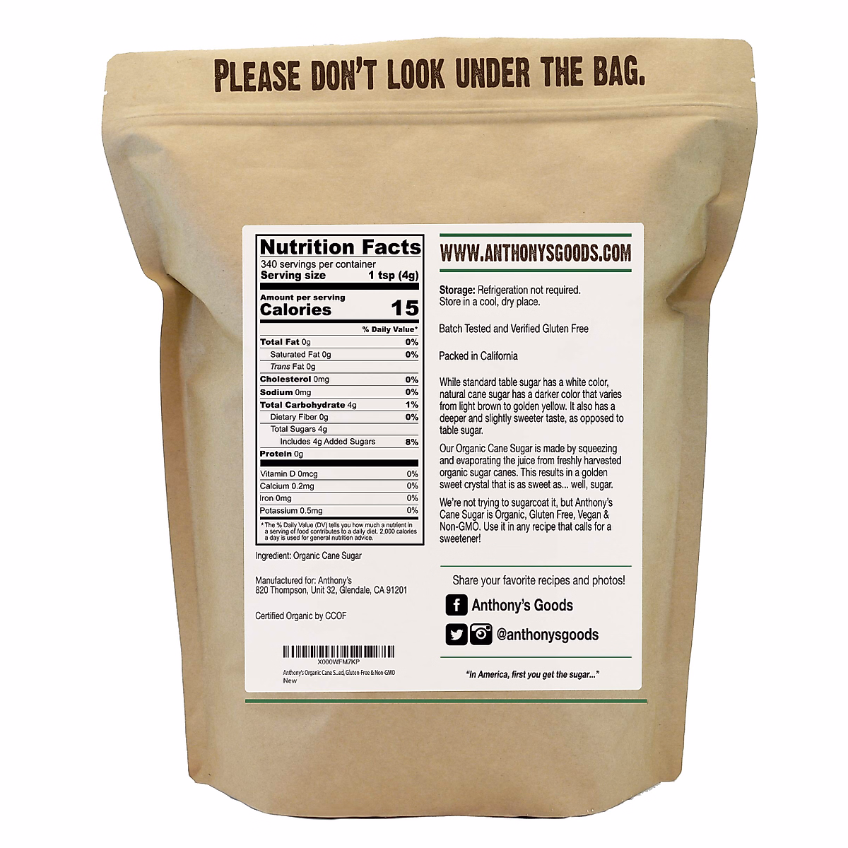 Anthony's Organic Cane Sugar, 3 lb, Granulated, Gluten Free & Non GMO