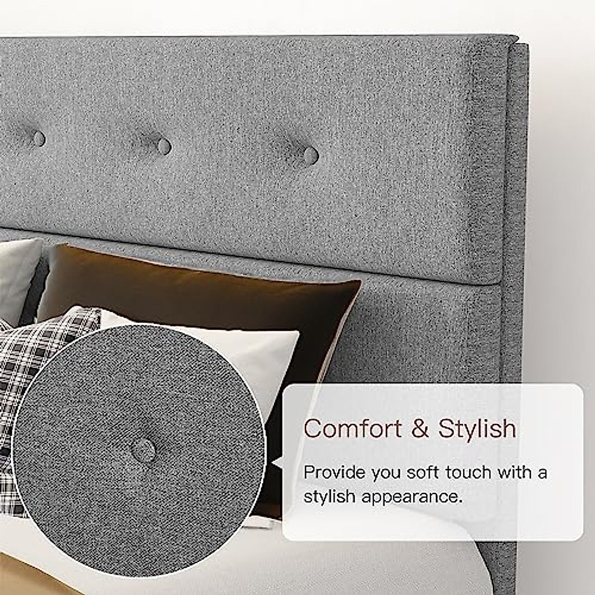 AEZOS Upholstered Queen Size Platform Bed Frame with Headboard and Storage Ottoman, Stitched Button Tufted Mattress Foundation with Wooden Slats Support, No Box Spring Needed, Light Gray