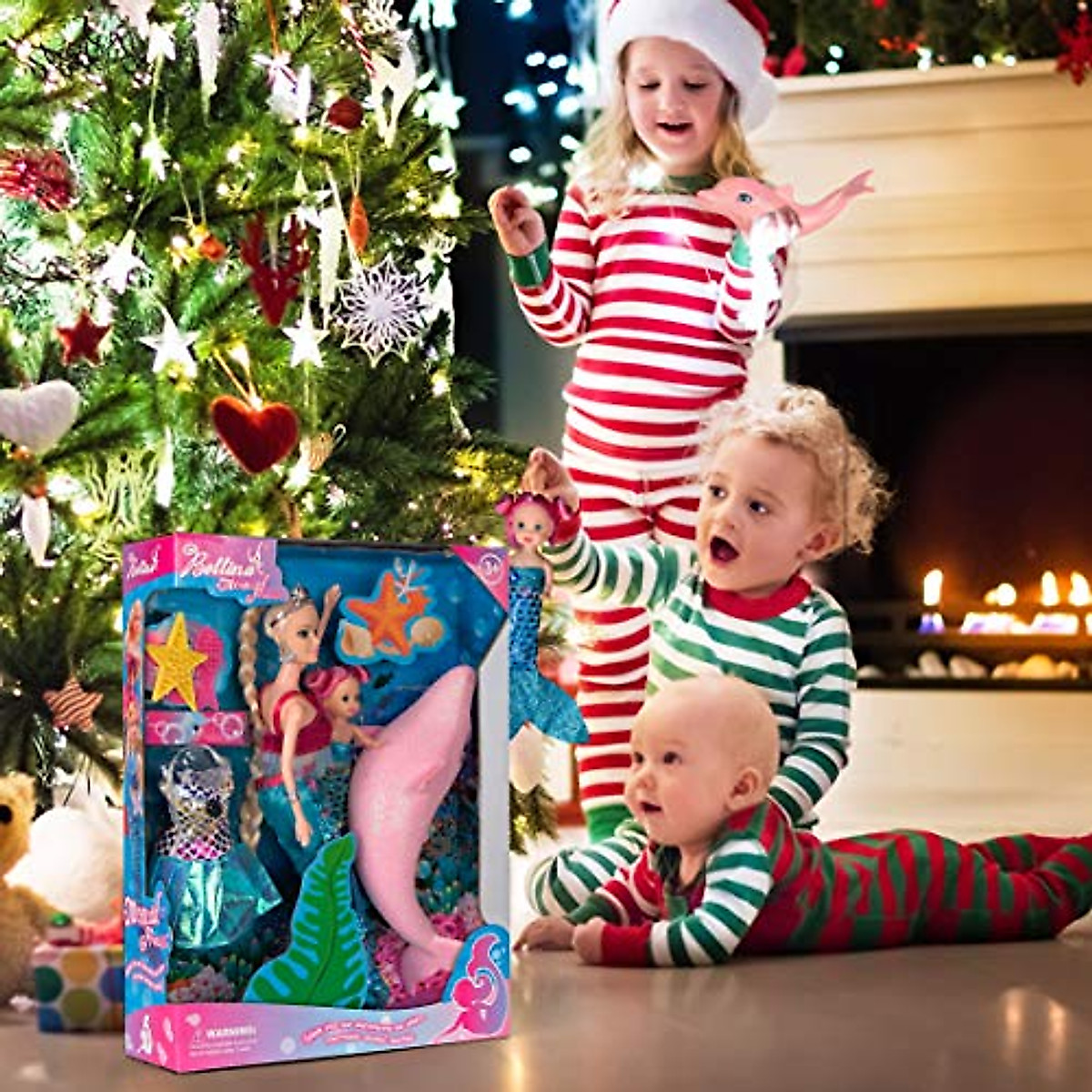 Mermaid Princess Doll with Little Mermaid and Pink Dolphin Playset, Blonde Hair Mermaid Toys with Accessories, Gift for 3 to 7 Year Old Girls