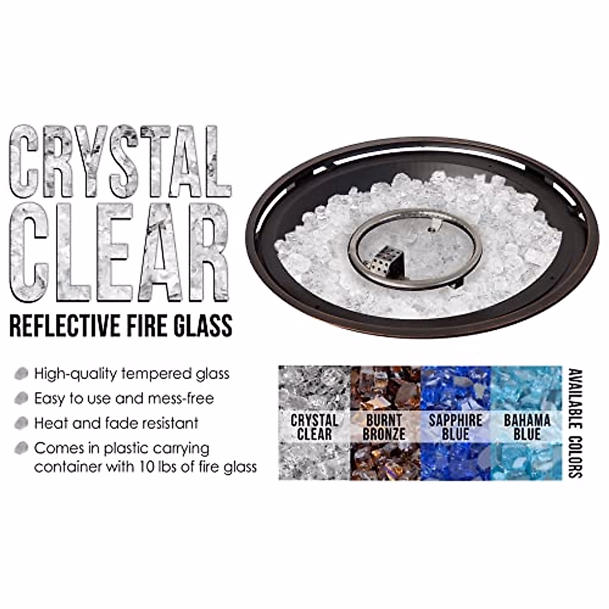 Fire Sense 62365 Premium Sparkling Reflective Tempered Fire Glass for Outdoor Fireplace Gas or Propane Fire Pits Easy to Install & Stimulate Viewing Experience - 10 Lbs - Crystal Clear