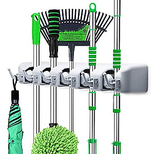 LETMY Broom Holder Wall Mounted - Mop and Broom Hanger Holder - Garage Storage Rack & Garden Tool Organizer - 5 Position 6 Hooks for Home, kitchen, Garden, Tools, Garage Organizing