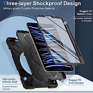 GROLEOA Case for iPad Pro 11 inch 2022/2021: Military Grade Shockproof Protective Cover with Screen Protector for iPad Pro 11 4th Gen 2022 / 3rd Gen 2021 + Pencil Holder + Stand + Strap- Black