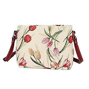 Signare Tapestry Crossbody Purse Small Shoulder Bag for Women with Tulip Flower White Design (XB02- TULWT)