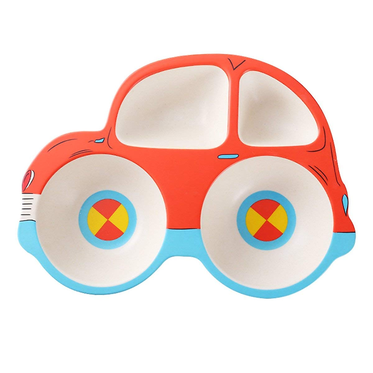 5 Piece Bamboo Dinnerware for Kids, Toddler, Car Plate and Bowl Set, Eco Friendly and Dishwasher Safe, Great Gift for Birthday, Baby Shower