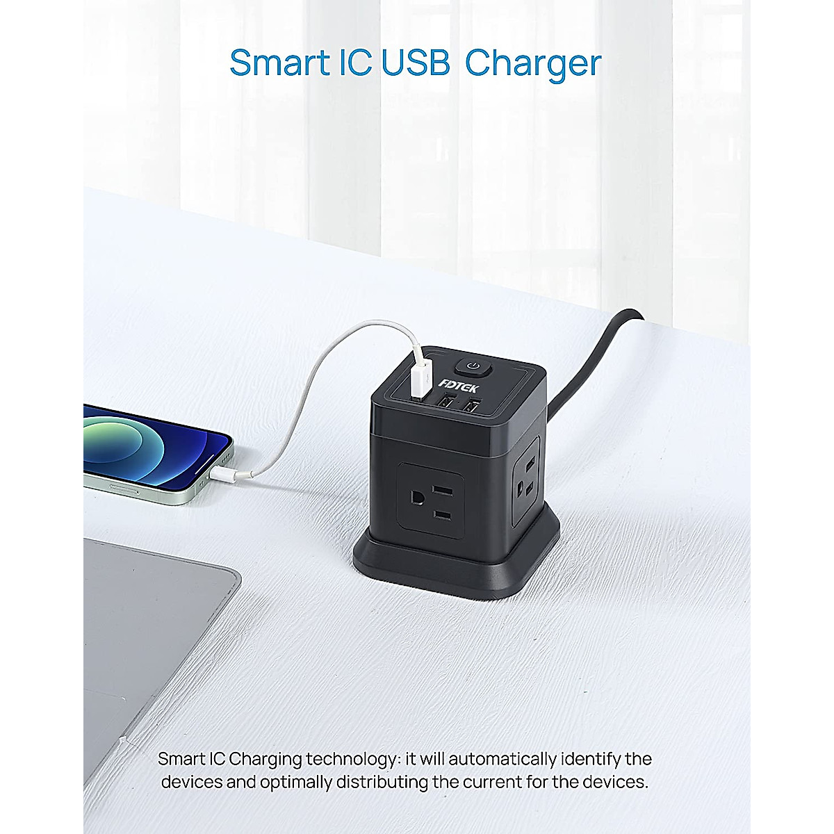 Power Strip with USB, FDTEK Flat Plug Extension Cord with 4 AC and 3 USB, 5 FT Power Cord Desktop Charging Station, Overload Protection, Compact Portable for Travel Home Office Cruise Ship - Black