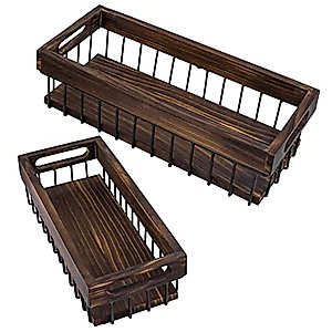 MyGift Country Rustic Burnt Wood Nesting Storage Basket with Black Metal Wire Frame, Decorative Organizer Crates Fruit Basket with Cutout Handles, Set of 2