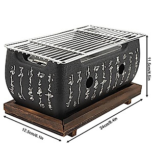 Hibachi Grill Japanese Tabletop Charcoal Grill Table Top Portable Charcoal Grill Barbecue Grill Portable Barbecue Stove with Wire Mesh Grill and Wooden Base for Home Party