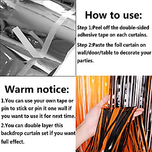 3 Packs 3.3ft x 6.6ft Orange Black Metallic Tinsel Foil Fringe Curtains Photo Booth Props for Halloween Birthday Bridal Shower Baby Shower Bachelorette Holiday Celebration Party Decorations