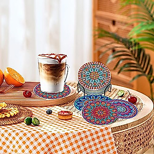 Diamond Painting Coasters Kit With Holder,Wooden Pad + Acrylic Board Double Layer is Strong and Wear-Resistant,Mandala DIY Diamond art Coasters for Beginners Adults and Kids Art Craft Supplies Gif