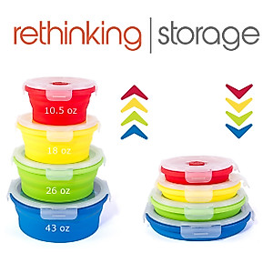Thin Bins Collapsible Containers Set of 4 Round Silicone Food Storage Containers BPA Free, Microwave, Dishwasher and Freezer Safe - No more cluttered container cabinet! SC-149A
