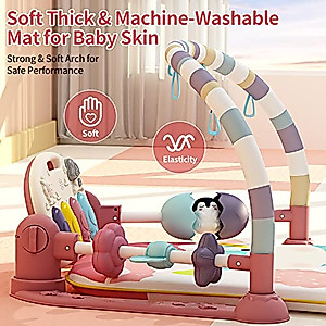 Jovow Baby Gym with Kick and Play Piano,Baby Play Mat Tummy Time Baby Activity Gym Mat with 5 Infant Learning Sensory for Baby, Music and Lights Boy or Girl Gifts for Newborn（Pink）
